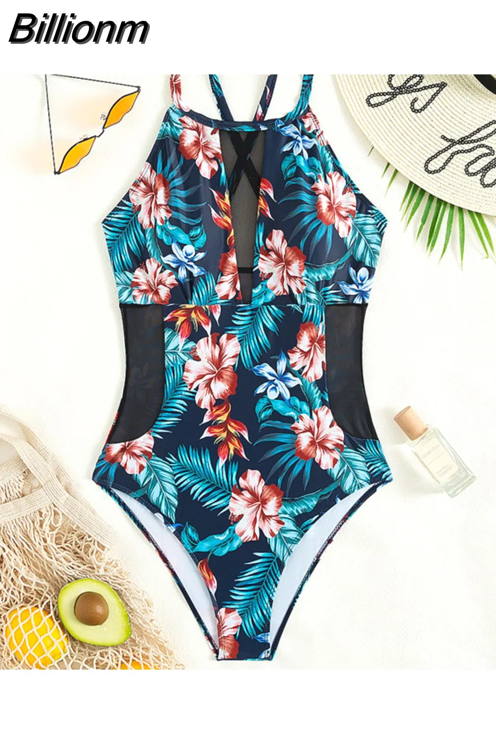 Billionm Floral Net One Piece Large Swimsuits Closed Plus Size Swimwear ...
