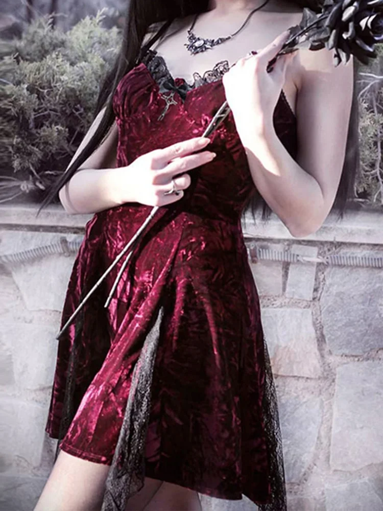 Brownm Y2K Gothic Vintage Sexy Mesh Velvet Mini Dress Grudge Aesthetic ...