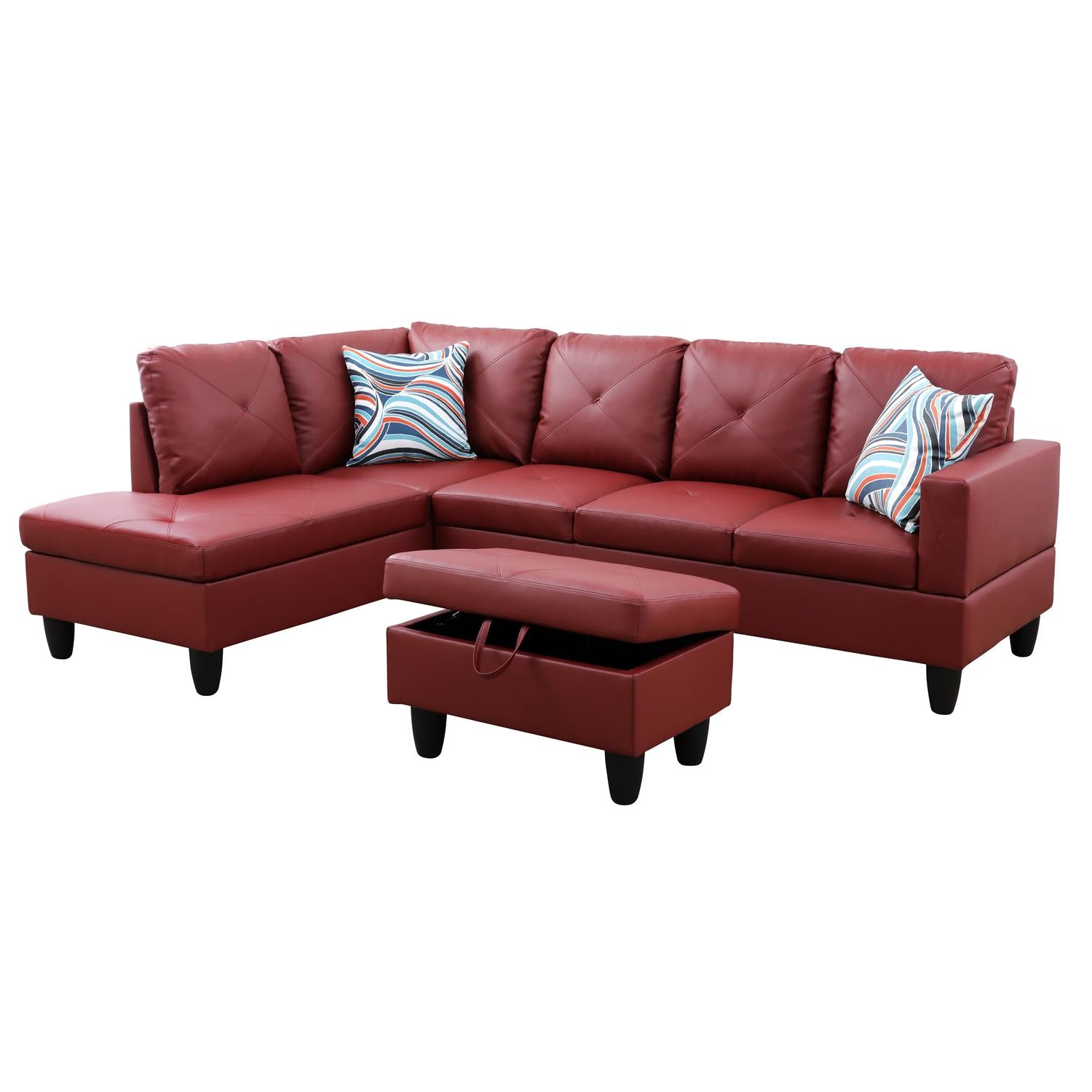 97" Red Faux Leather L-Shape Sectional Sofa with Storage Ottoman | Ainehome