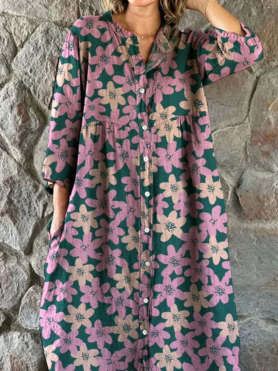 Women's Watercolor Sakura Flower Pattern Shirt Cotton Linen Dress