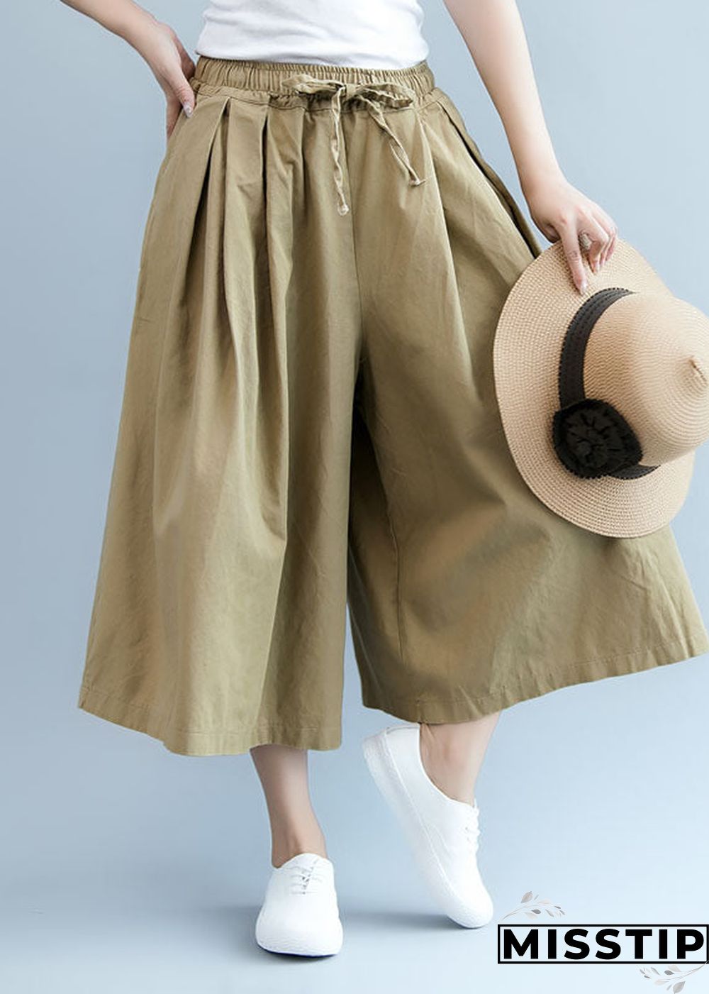 Fashion Khaki Pockets Cotton wide leg pants Spring - MissTip