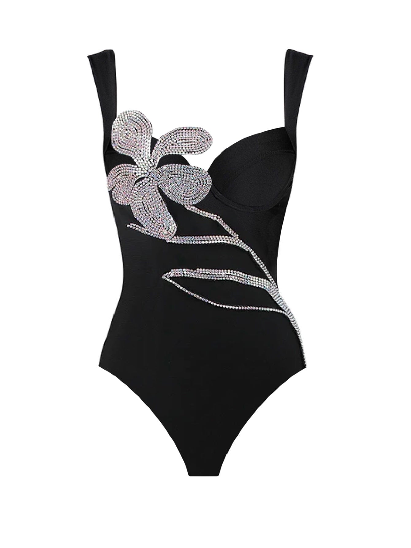 Rhinestone Sling Solid One Piece Swimsuit