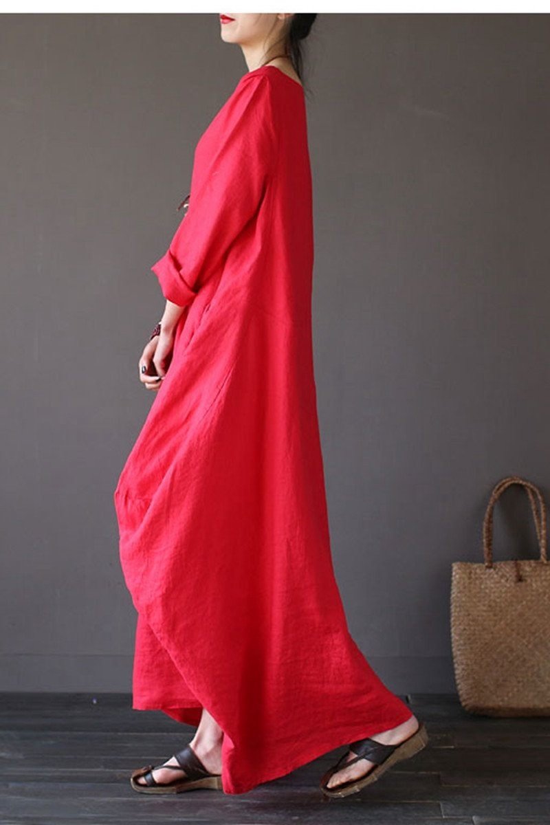 Red Bat Sleeve Causel Long Dress Plus Size Oversize Women Outfits 1638