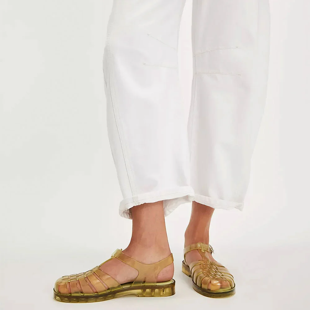 Transparent Olive Hollow-Out Caged Vamp Strap Flat Closed Toe Sandals