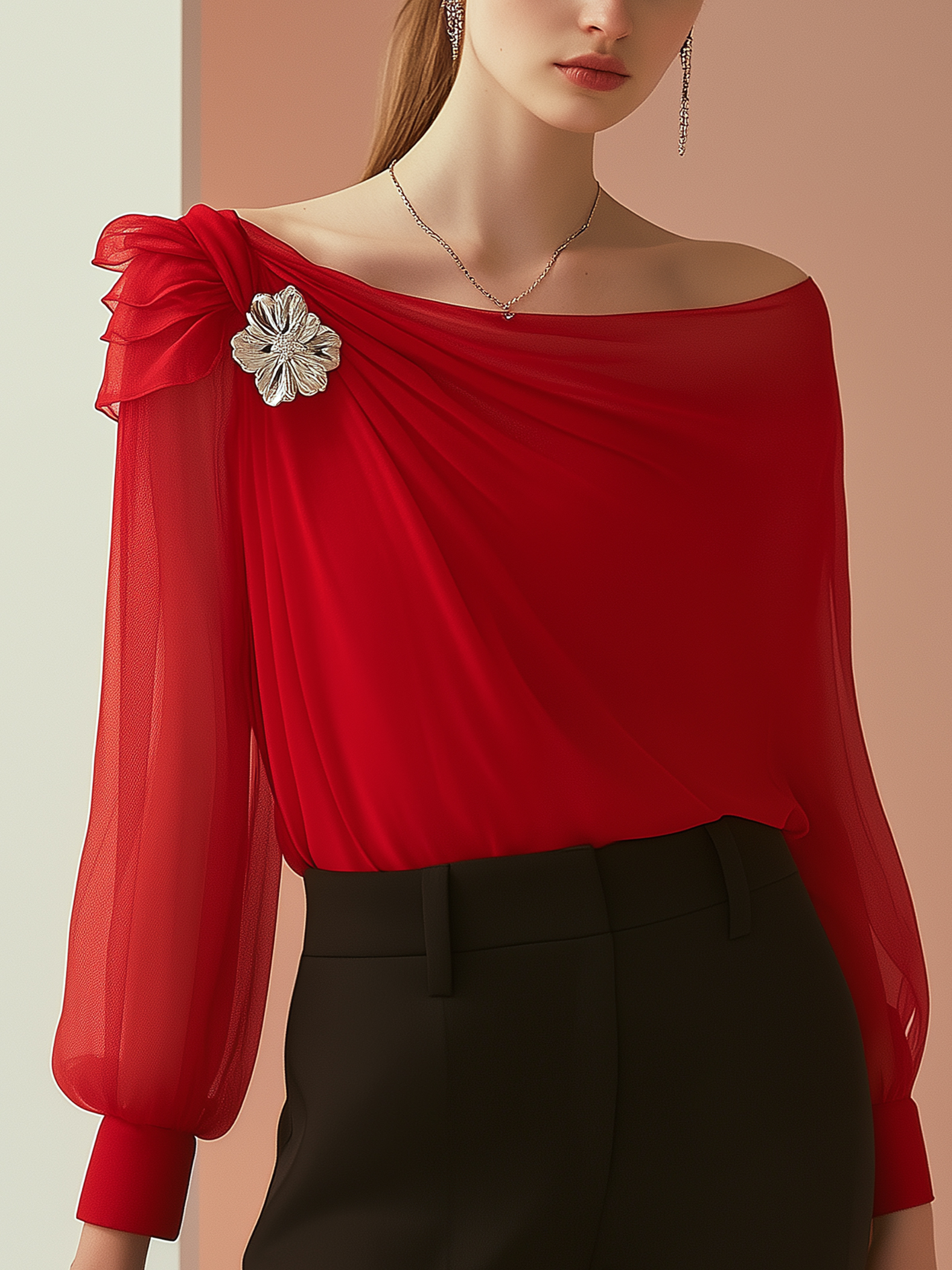 Elegant Metallic Flower Detail Red Chiffon Blouse
