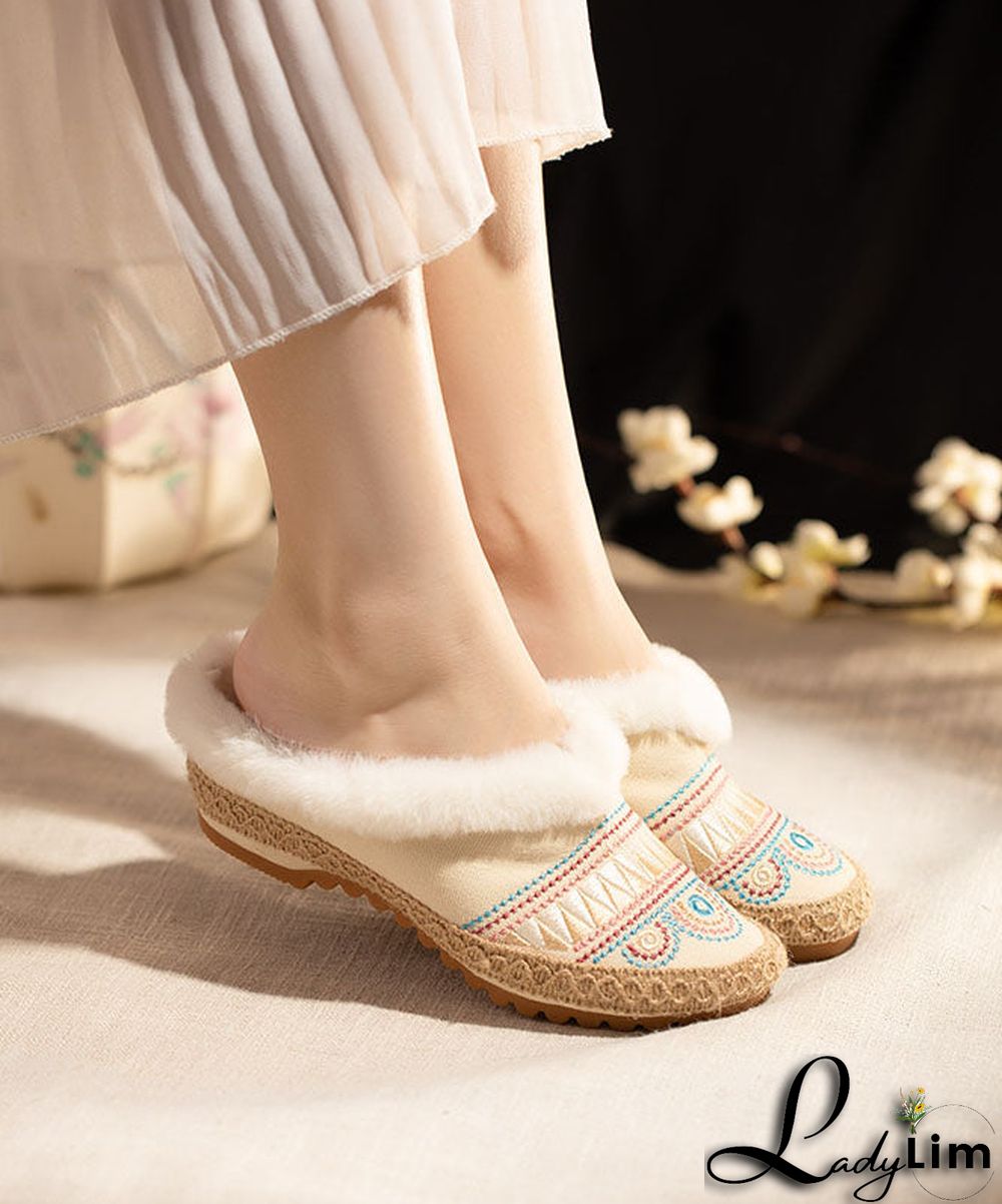 Comfy Splicing Women Beige Fuzzy Wool Lined Slippers Shoes - Ladylim