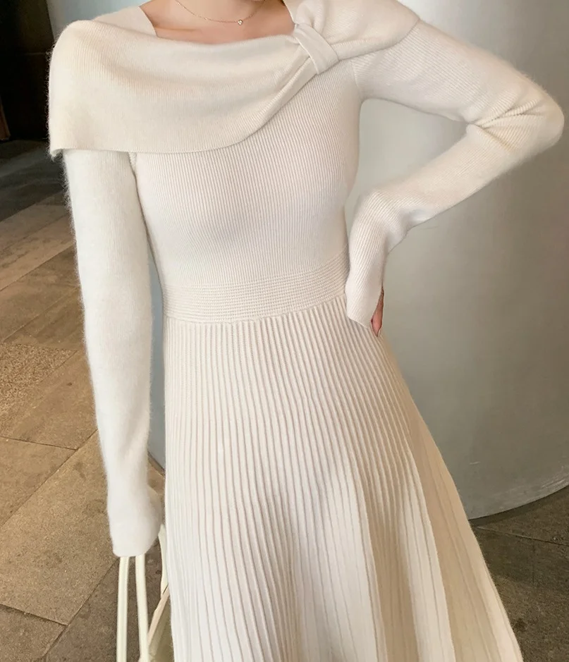 Elegant Acrylic Plain Long Sleeve Midi Dress