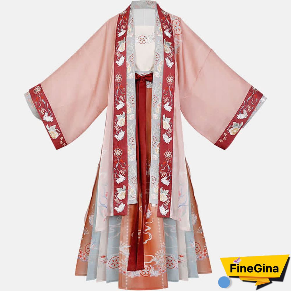 FineGina Vintage Cartoon Bunny Floral Embroidery Hanfu Four Pieces
