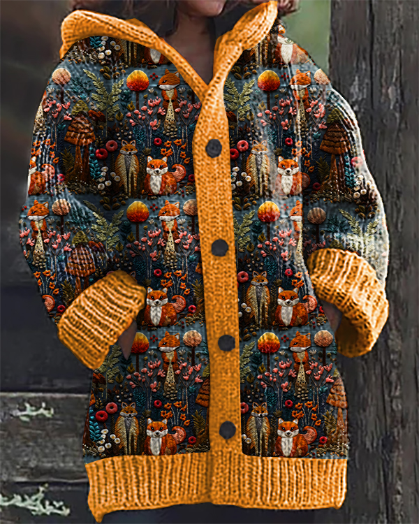 Vintage Squirrel Floral Art Print Hooded Cardigan