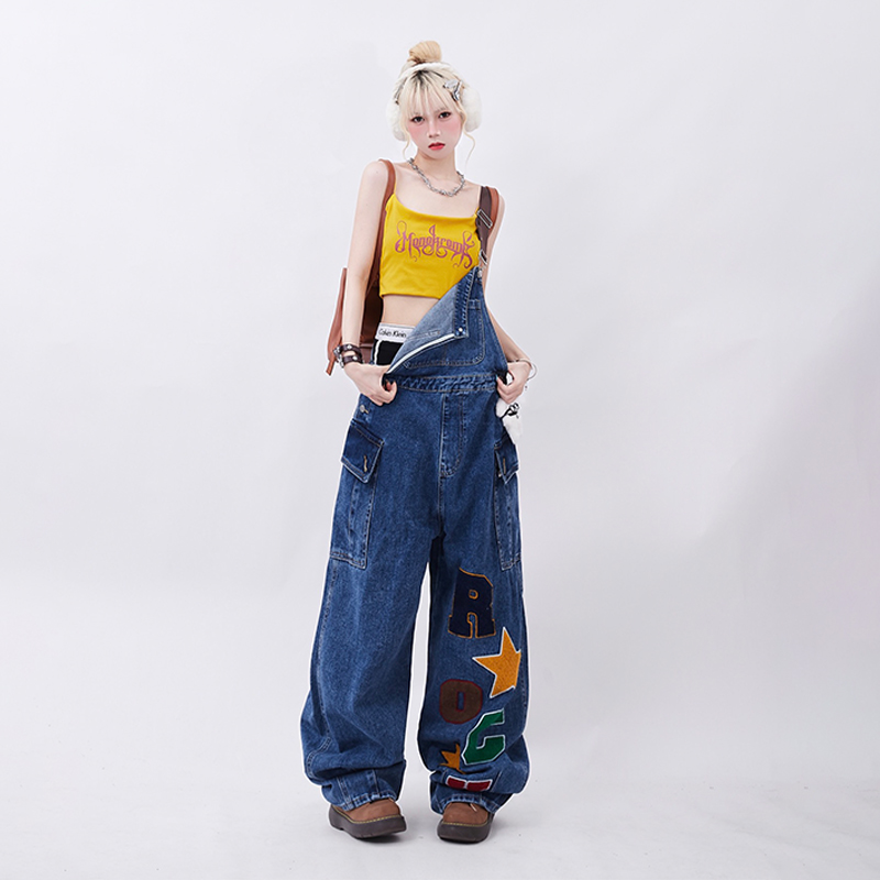 ROCK EMBROIDERED HIP HOP DENIM OVERALLS