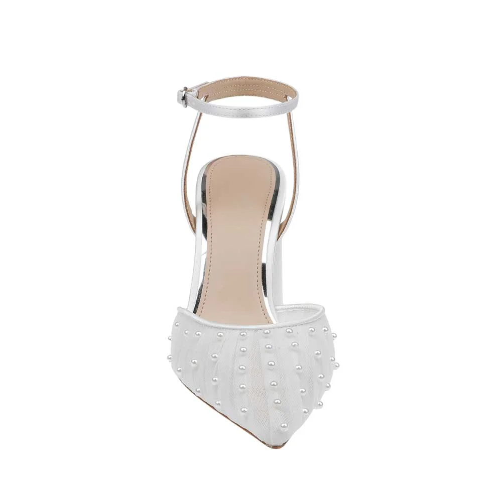 White Satin & Mesh Pointed Toe Pearl Embellished Block Heel Pumps