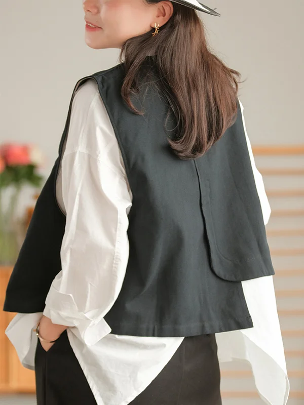 Vintage Asymmetric Buttoned Solid Color Vest Top