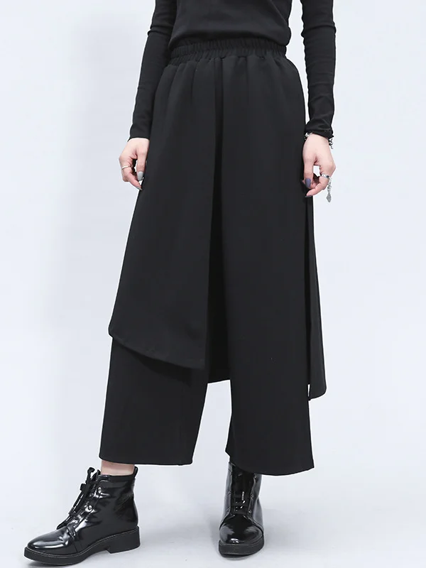 Irregular Elastic Waist Wide Leg Solid Color Pants