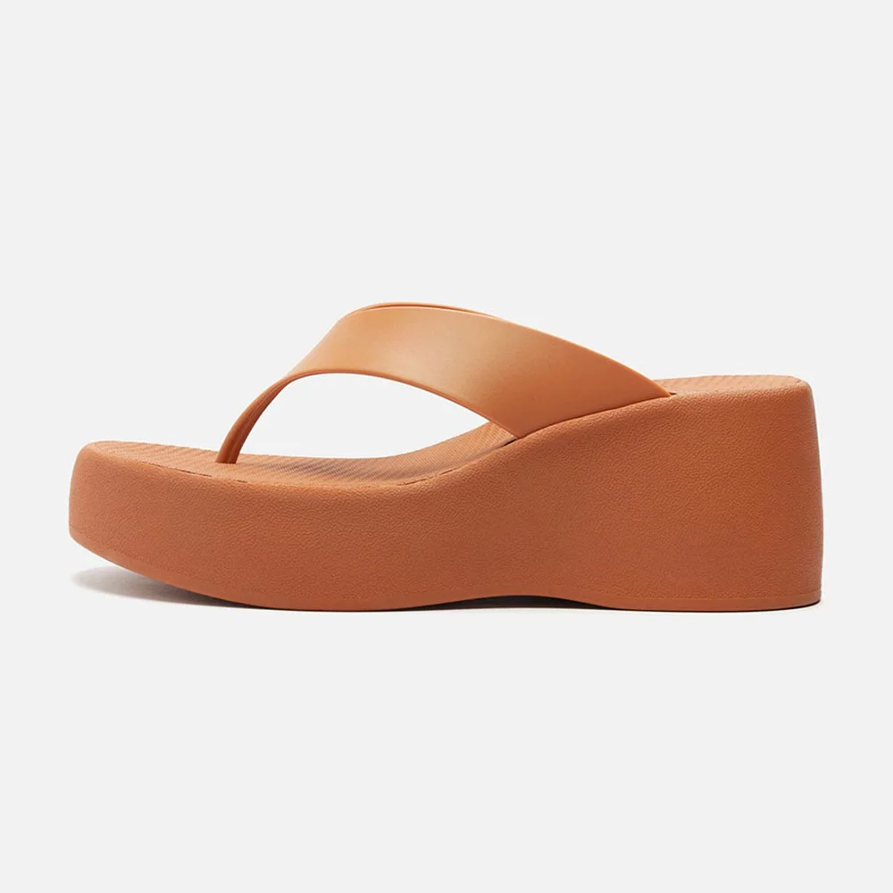 Orange Open Round Toe Platform Flip Flops with Wedge Heels