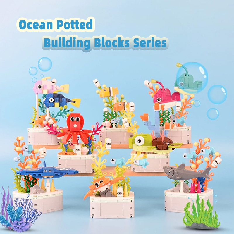Ocean potted building blocks shark clownfish crab model home desktop ...