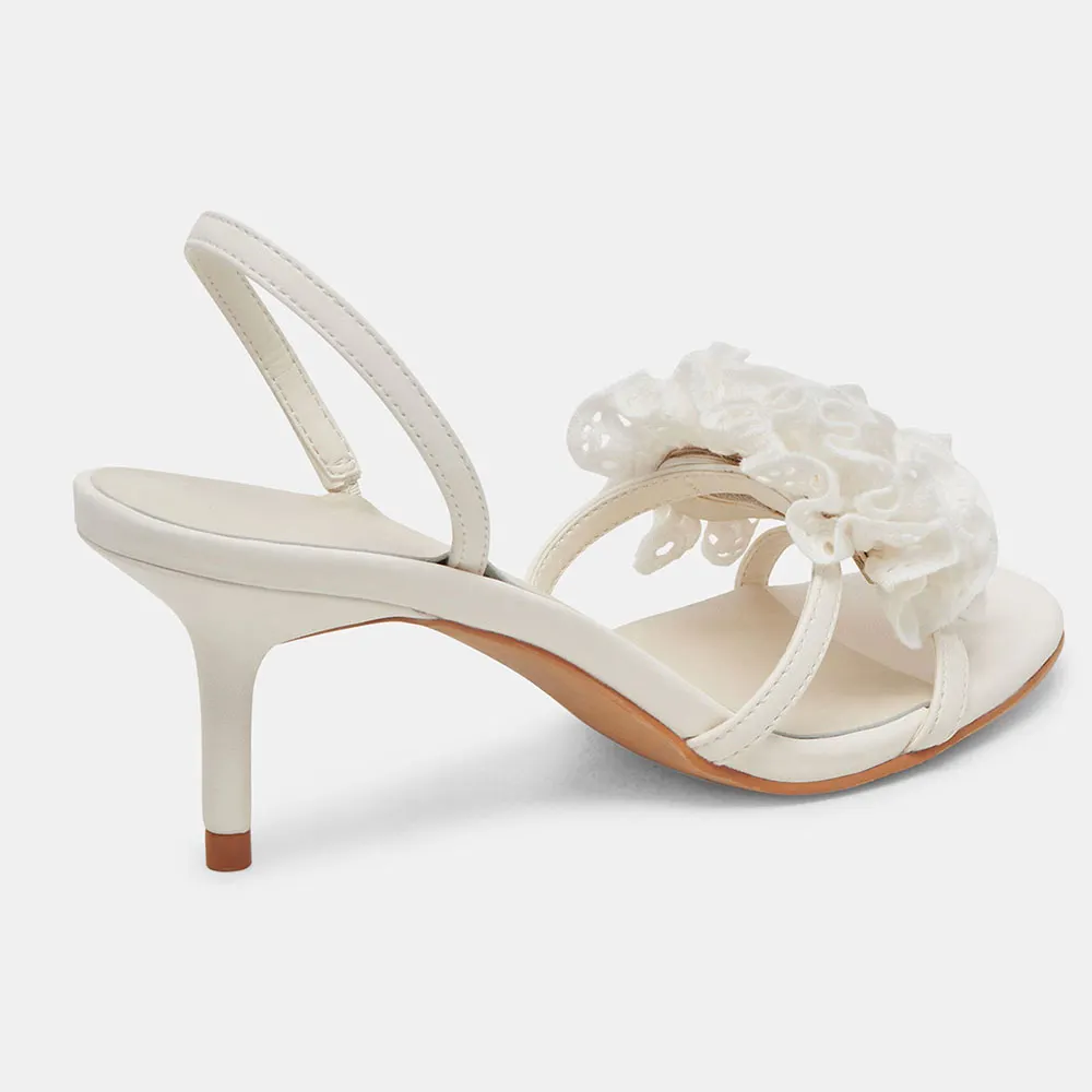 White Open-Toe Slingback Stiletto Heels with Eyelet Floral Design