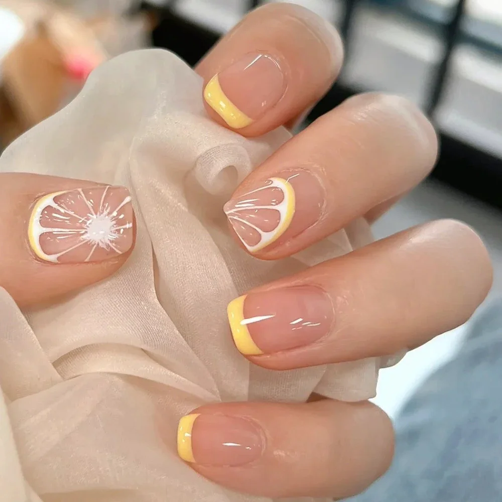 Churchf Lemon Yellow French Fake Nail Short Square Artificial Press On ...