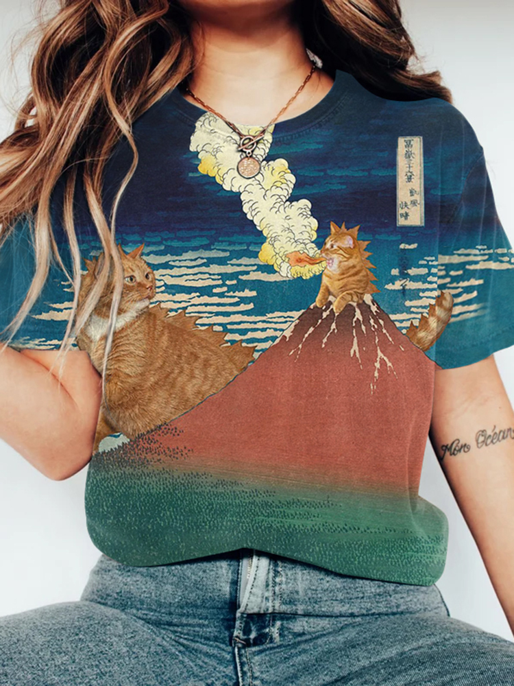 Fun Cat Godzilla Graphics Japanese Art Short Sleeve T-Shirt