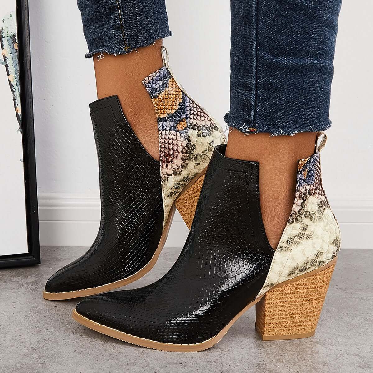 Womens Western Ankle Cowboy Boots Cutout Block Heel Booties