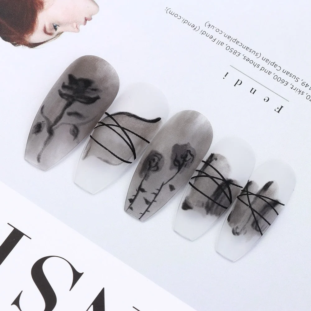 24pcs/Set Extra Long Coffin False Nails Beauty Flower Ink Painting ...