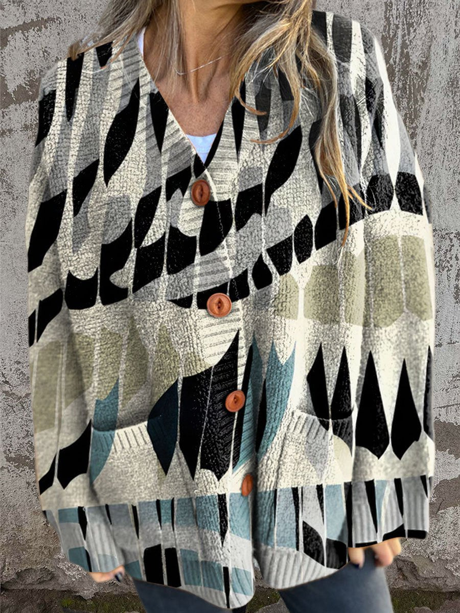 Nordic Abstract Art Print Buttoned Cardigan Sweater