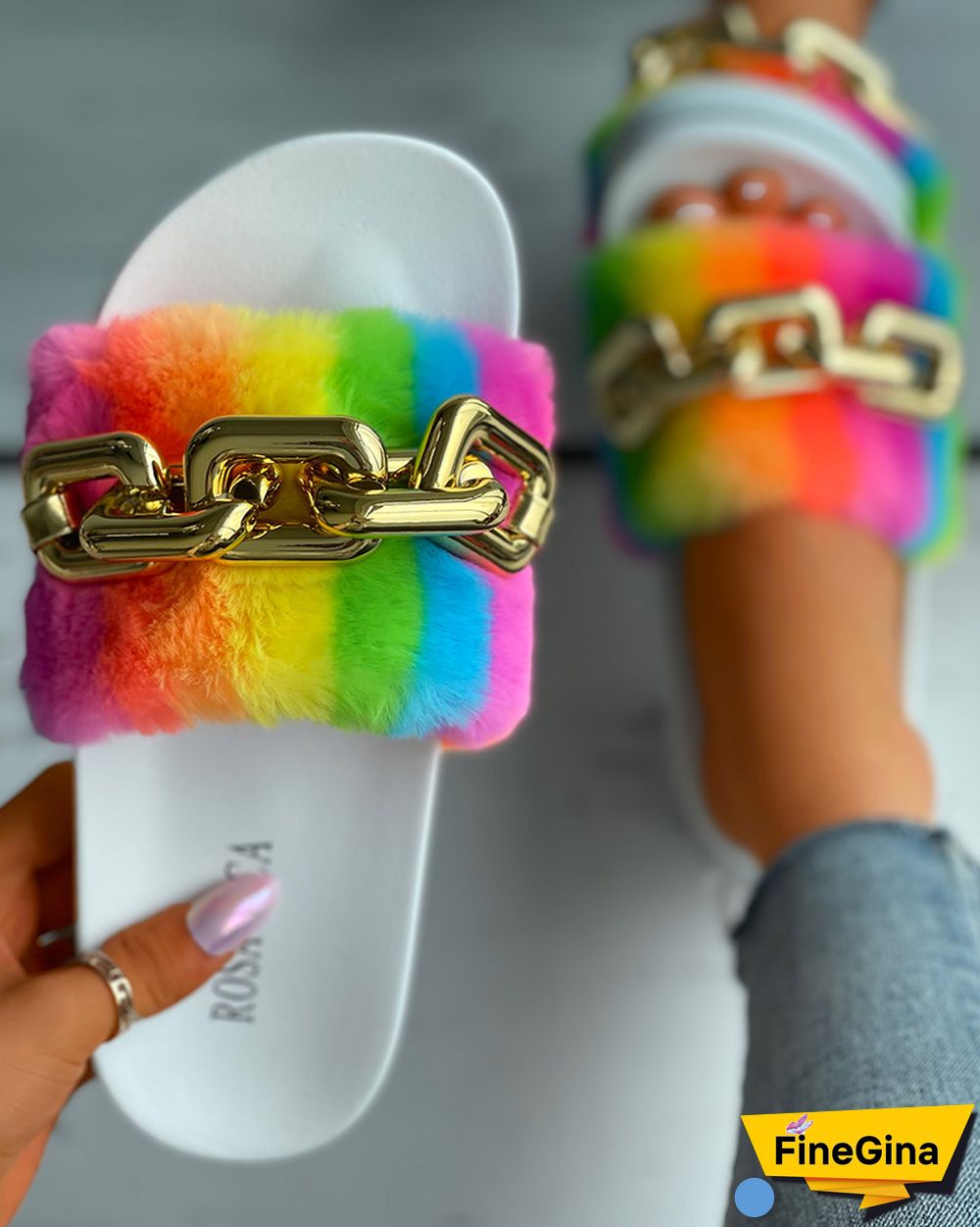 FineGina Colorful Fluffy Chain Strap Slide Slippers