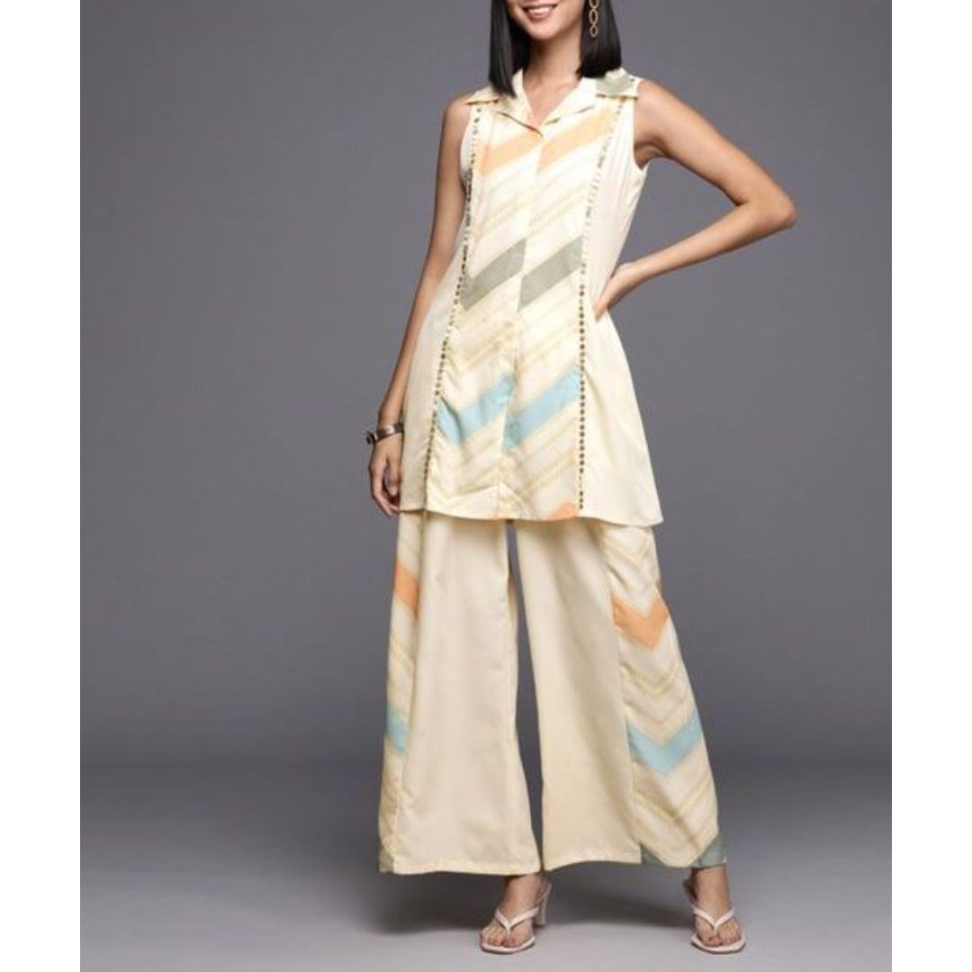 Cream Printed Co-Ords Set For Women