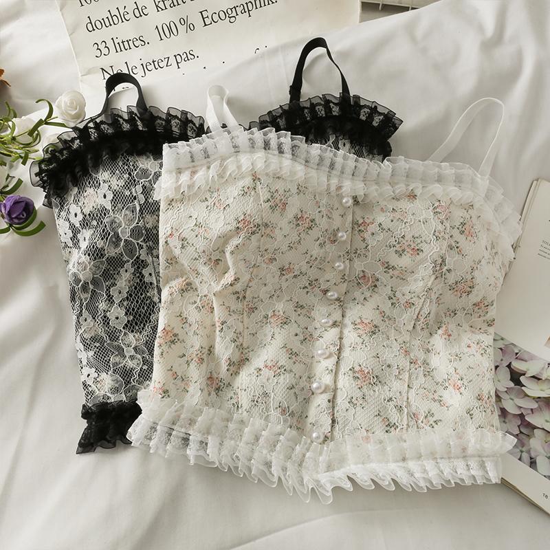 LACE FLORAL SPLICE FUNGUS PEARL SINGLE-BREASTED SLING VEST