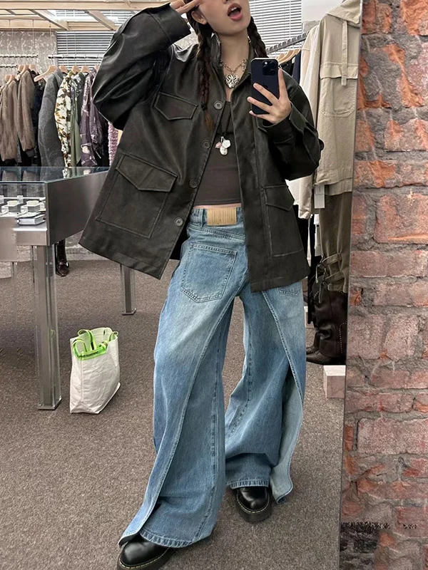 Contemporary Fusion - False Two Reversible Wide-Leg Jean Pants with Pockets