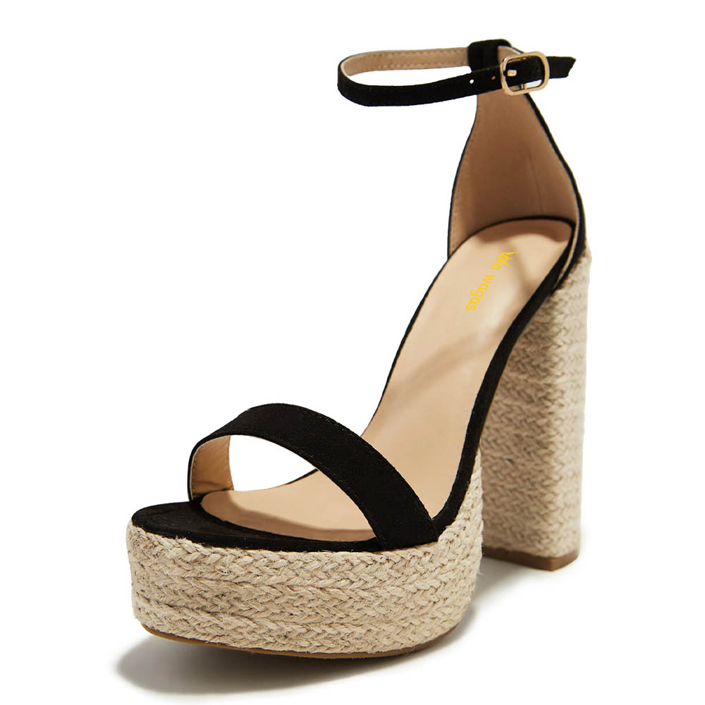Black Round Toe Platform Ankle Strap Chunky High Heels Sandals
