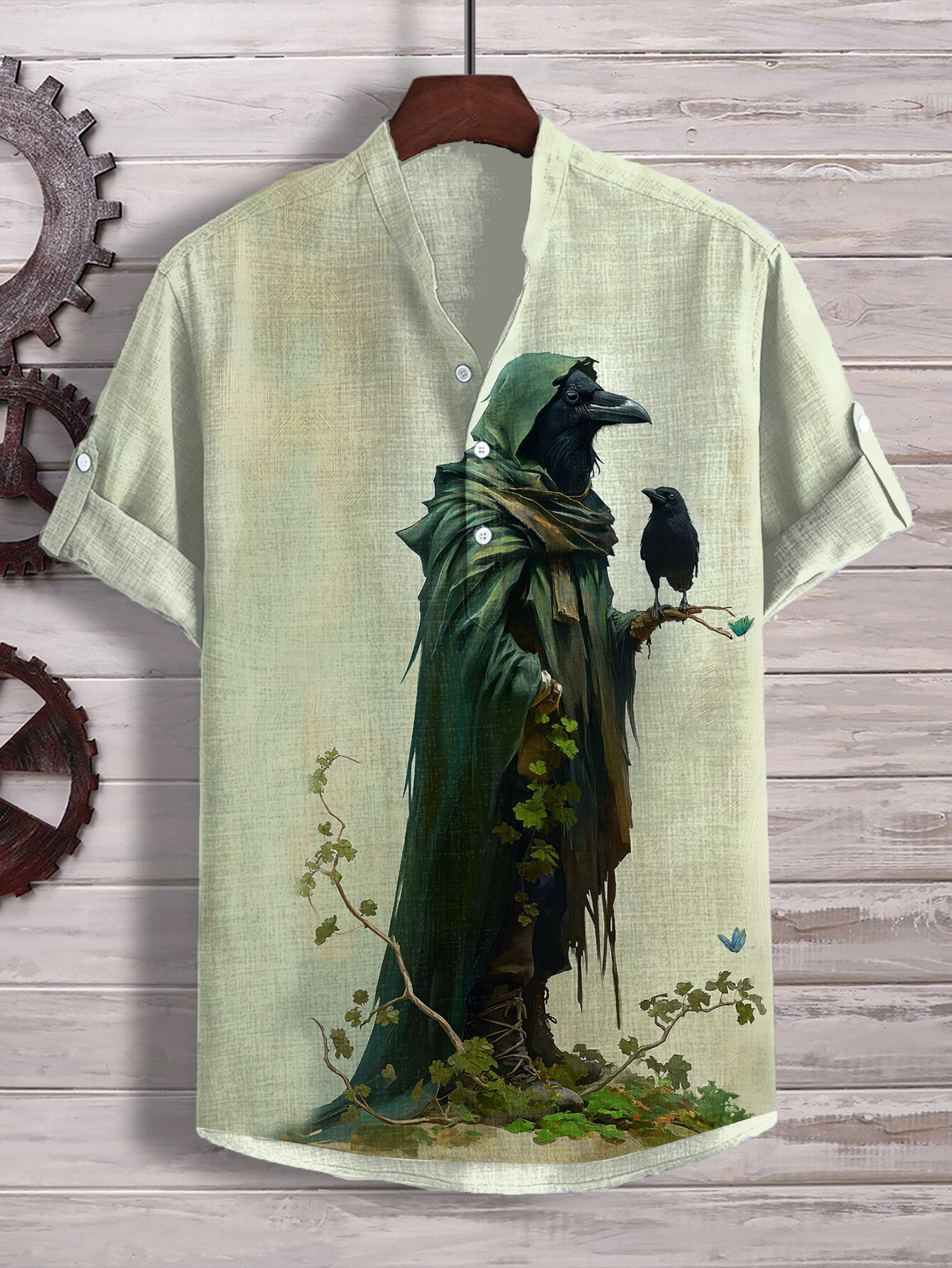 Men's Retro Forest Mystic Raven Wizard Ink Painting Print Linen Blend ...