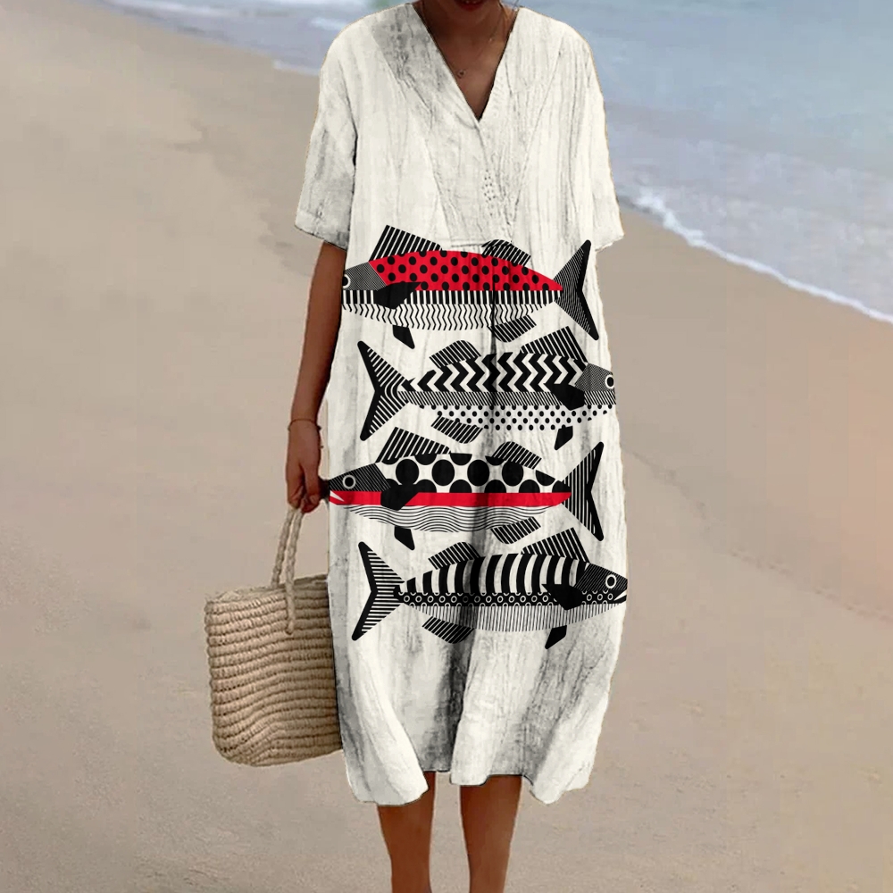 Women's Retro Fish Print Flowy Dress