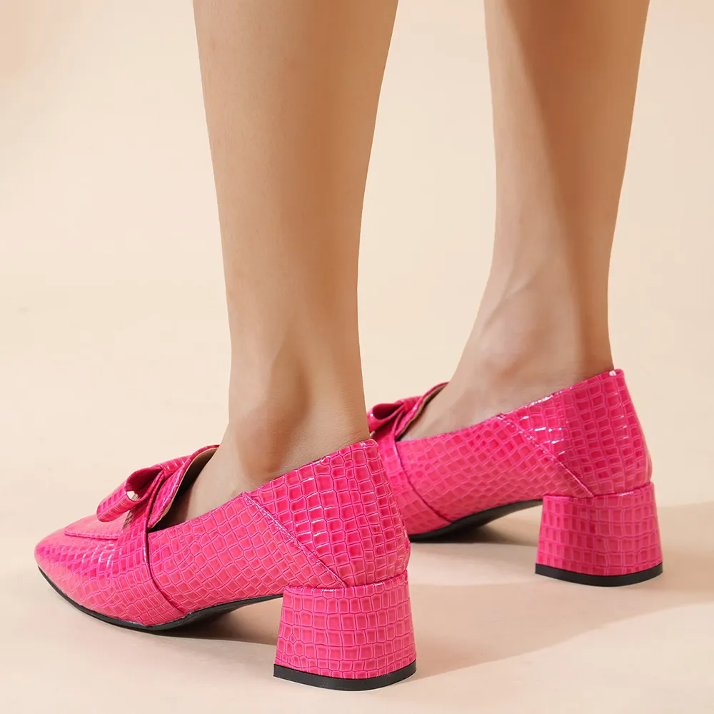 Pink Patent Leather Square Toe Block Heel Loafer Shoes