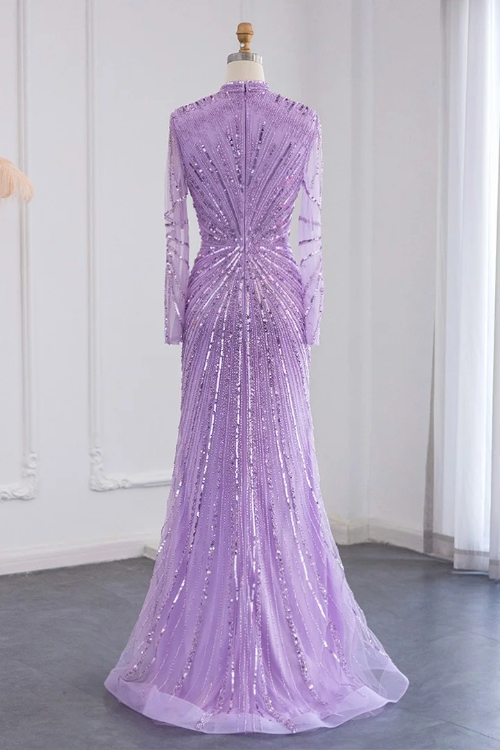 Daisda Violet High Neck Mermaid Evening Dress Tulle Long Sleeves With Sparkle Appliques