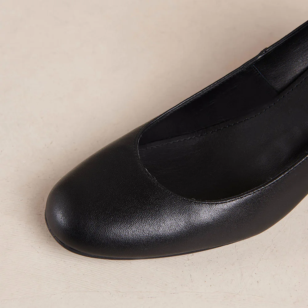 Classic Black Round Toe Ankle Strap Block Heel Pumps