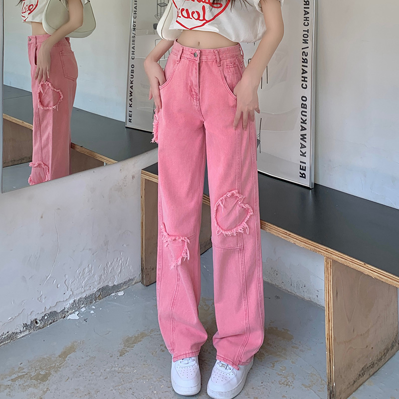 PINK RAW EDGE HEART PATCH JEANS