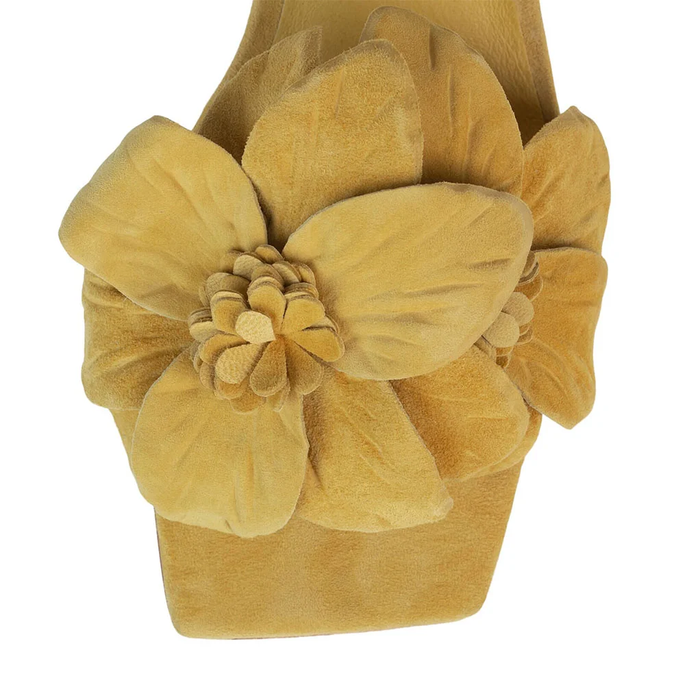 Mustard Velvet Floral Inlay Ankle Strappy Sandals With Kitten Heels