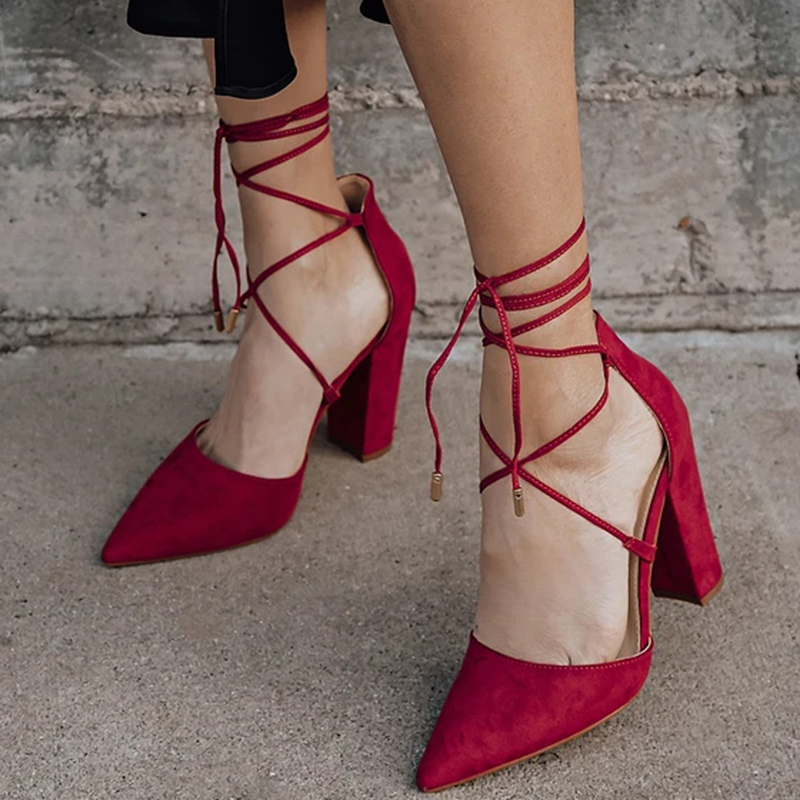 TAAFO Red Chunky Heels Pointy Wrap Shoes Vegan Suede Pumps