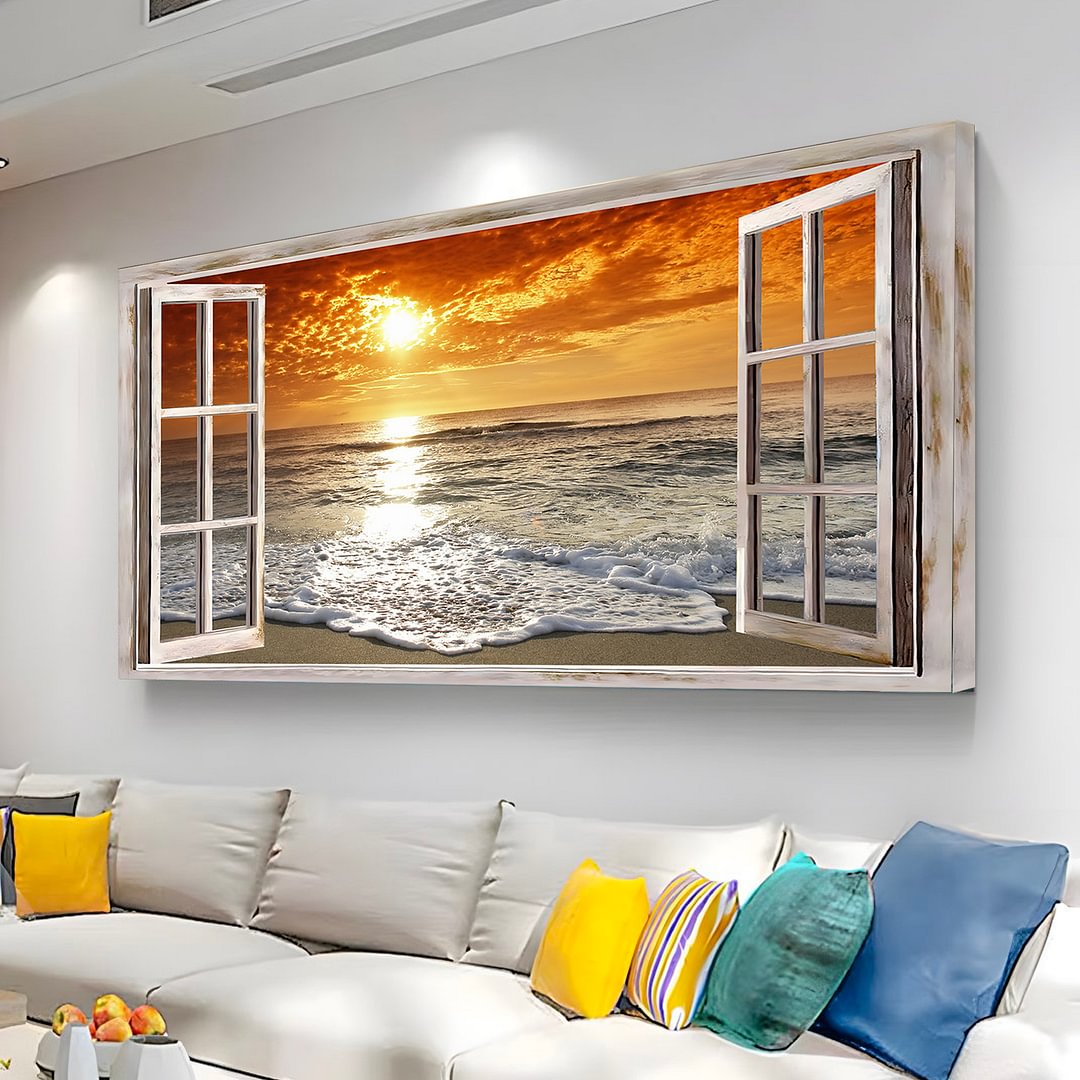 Sunset Beach Landscape Window Canvas Wall Art