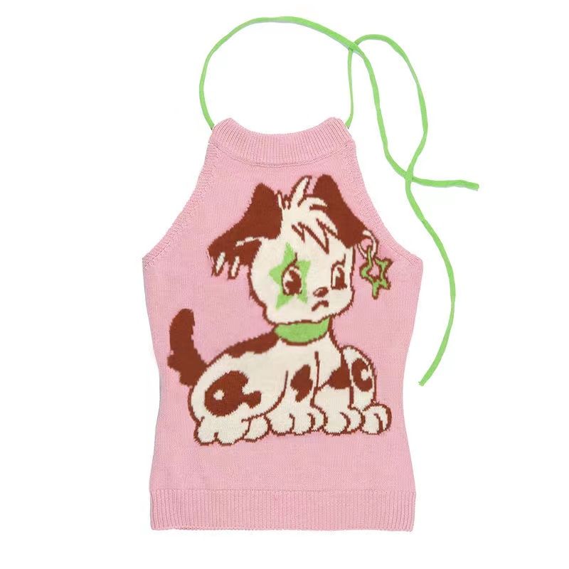 Uveng Knitted Tanks Y2k Women Dog Cartoon Halter Camis Summer Slim Fit ...