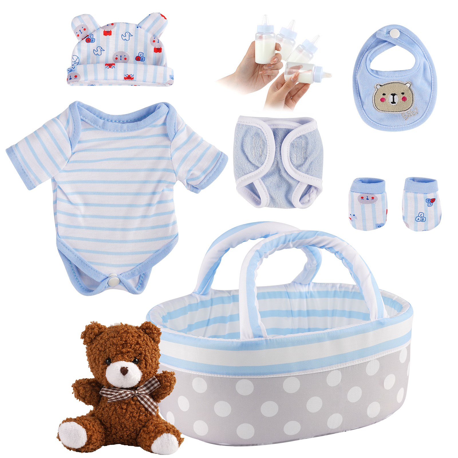 12" Blue Bear for Reborn Baby Boy Accessories 8-Pieces Set