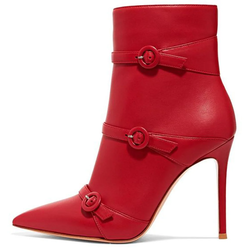 Red Closed Pointed Toe Winter Ankle Boots With Stiletto Heels