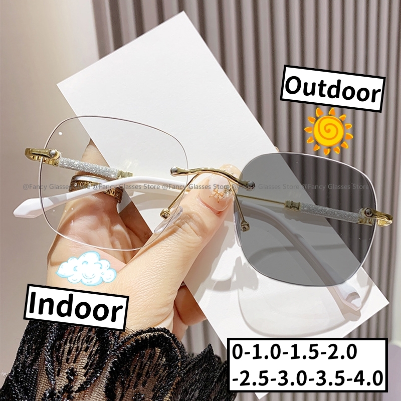Luxury Photochromic Glasses for Women Square Rimless Color Changing ...