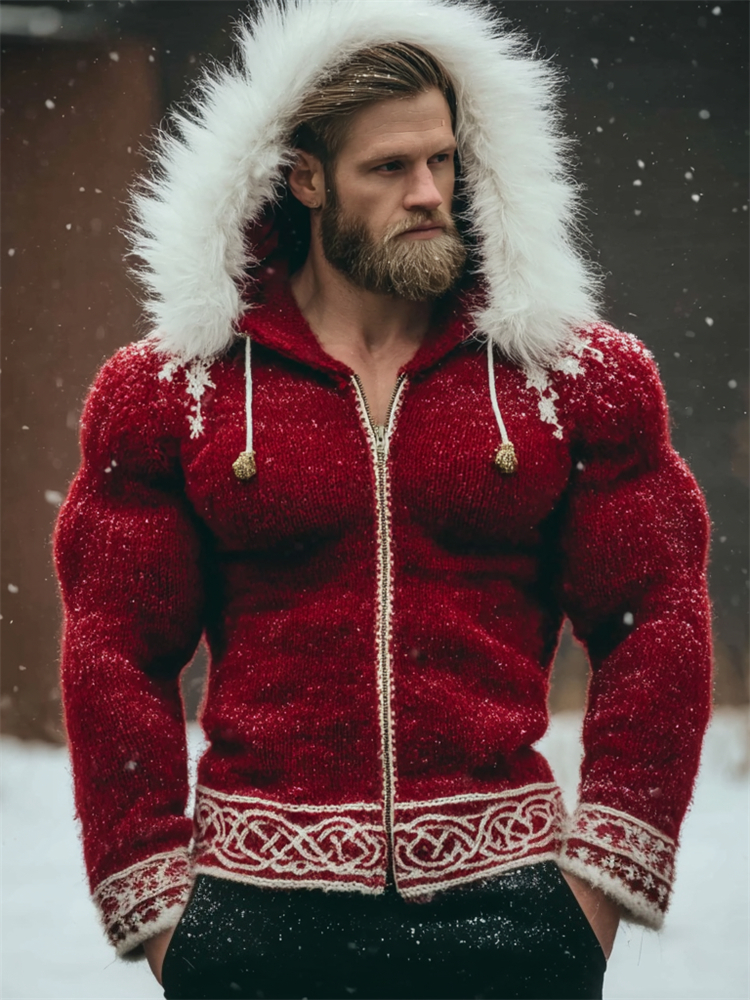 Men's Christmas Santa Celtic Hem Fur Trim Hooded Cardigan
