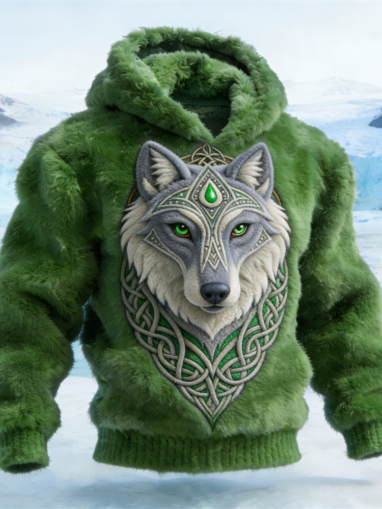 Irish Celtic Wolf Totem Design Men's Soft Hooded Plush Sweater