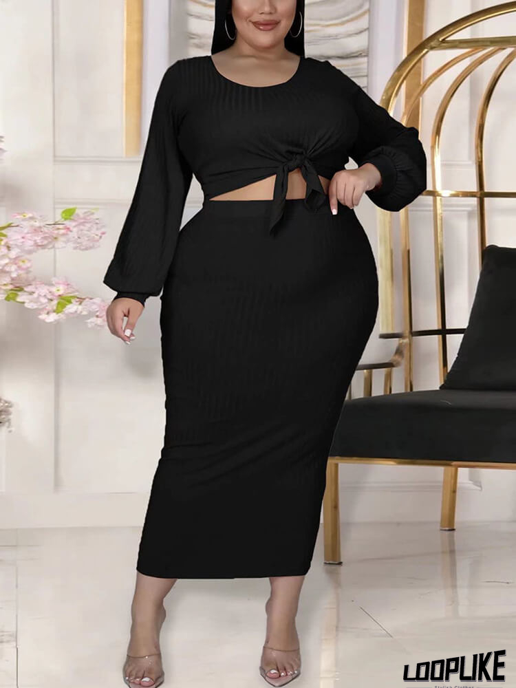 Plus Size Two Piece Ribbed Skirt Suits - LoopLike