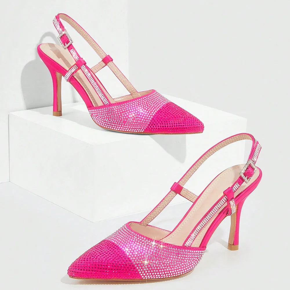 Hot Pink Satin Slingback Pumps Pointed Toe Rhinestone Prom Heels