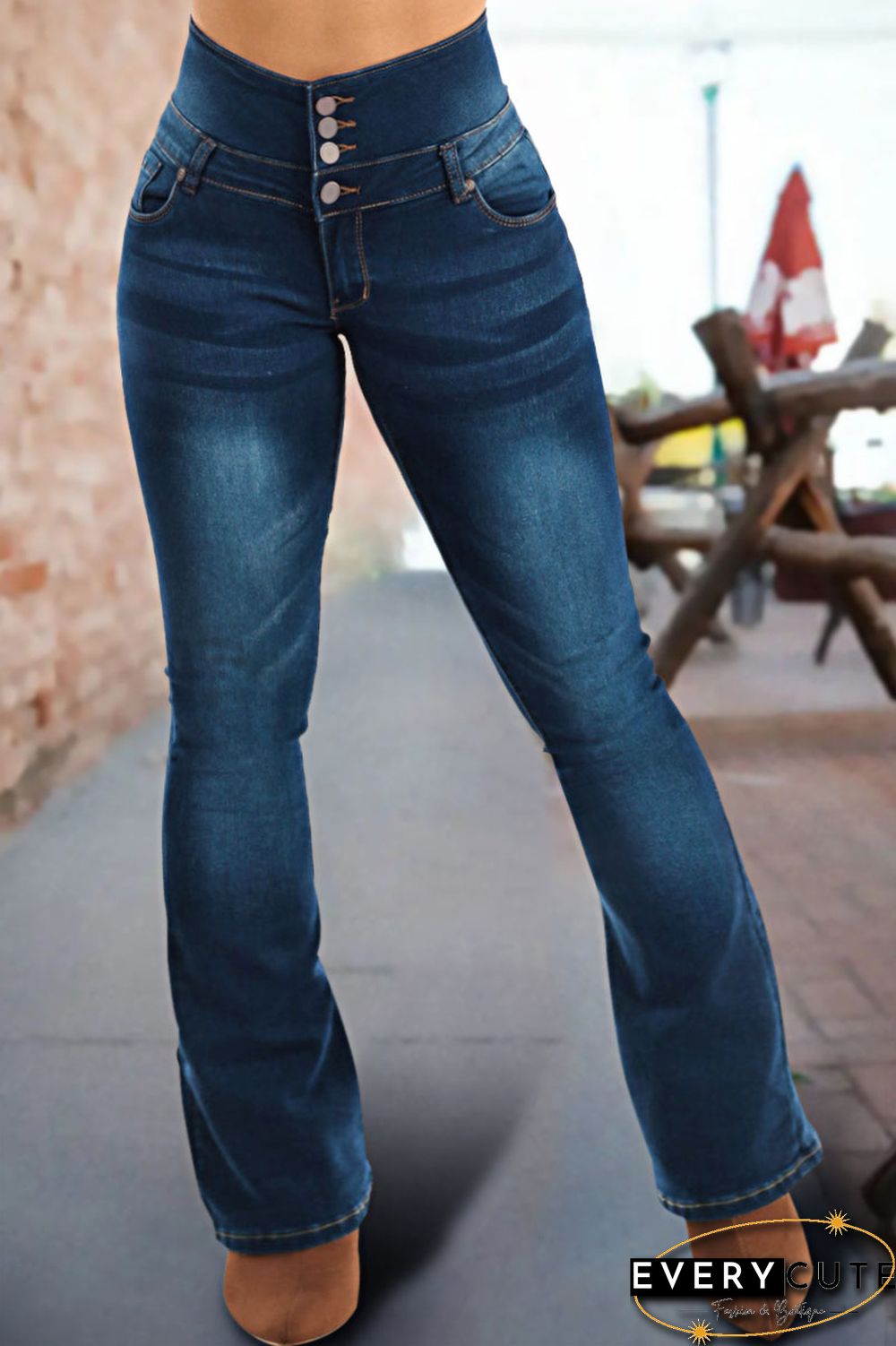 Button Fly Pocket Back High Waist Flare Jeans