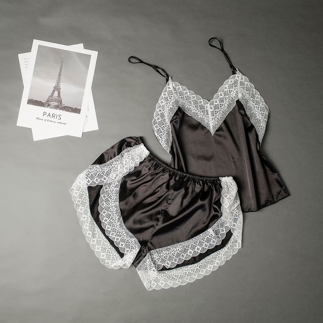 Cute Cami Top and Shorts Satin Lace V-Neck Pajama Set