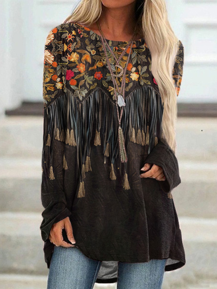 Western Tribal Floral Tassels V Neck T-Shirt